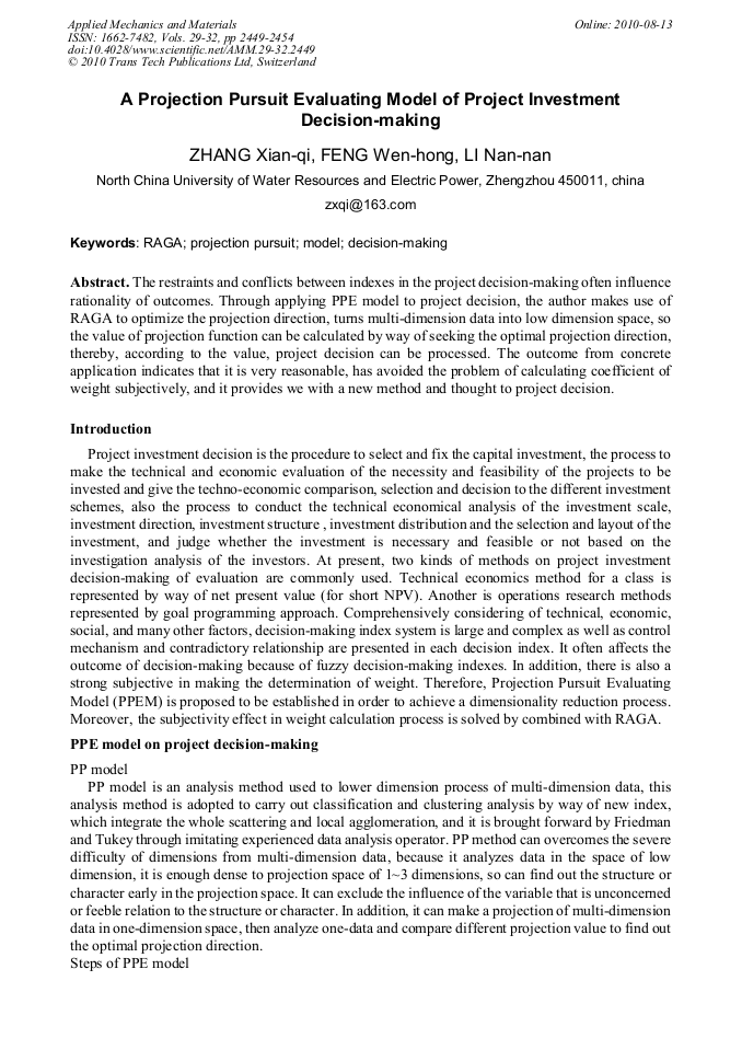 A Projection Pursuit Evaluating Model of Project Investment Decision ...