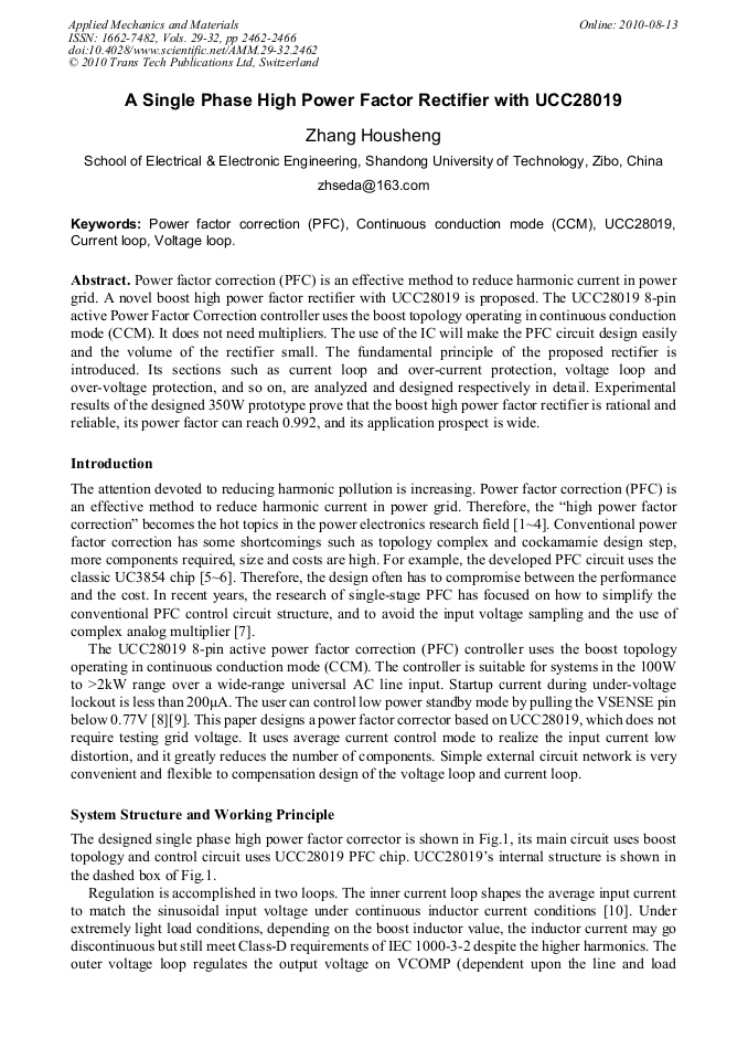 A Single Phase High Power Factor Rectifier with UCC28019 | Scientific.Net