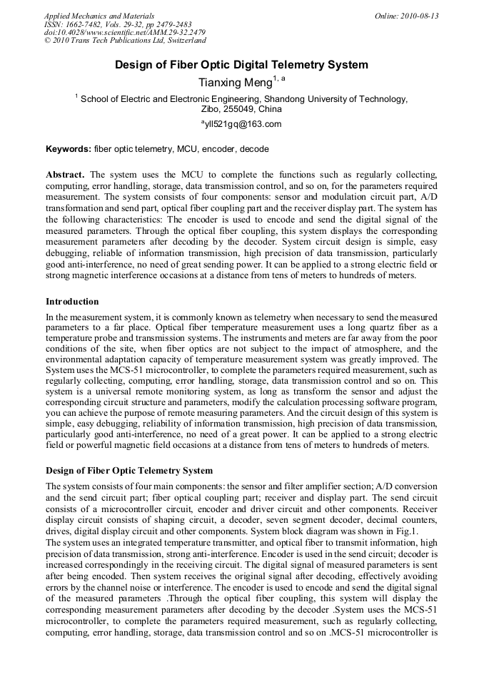 Design of Fiber Optic Digital Telemetry System | Scientific.Net