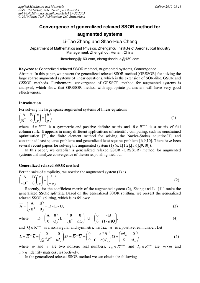 Convergence of Generalized Relaxed SSOR Method for Augmented Systems | Scientific.Net
