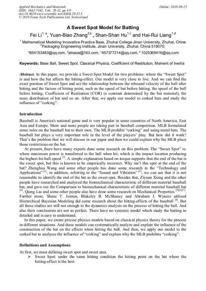 A Sweet Spot Model for Batting | Scientific.Net