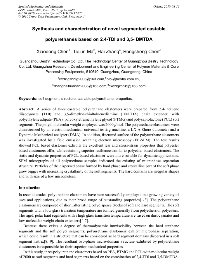 Synthesis and Characterization of Novel Segmented Castable Polyurethanes Based on 2,4-TDI and 3 ...