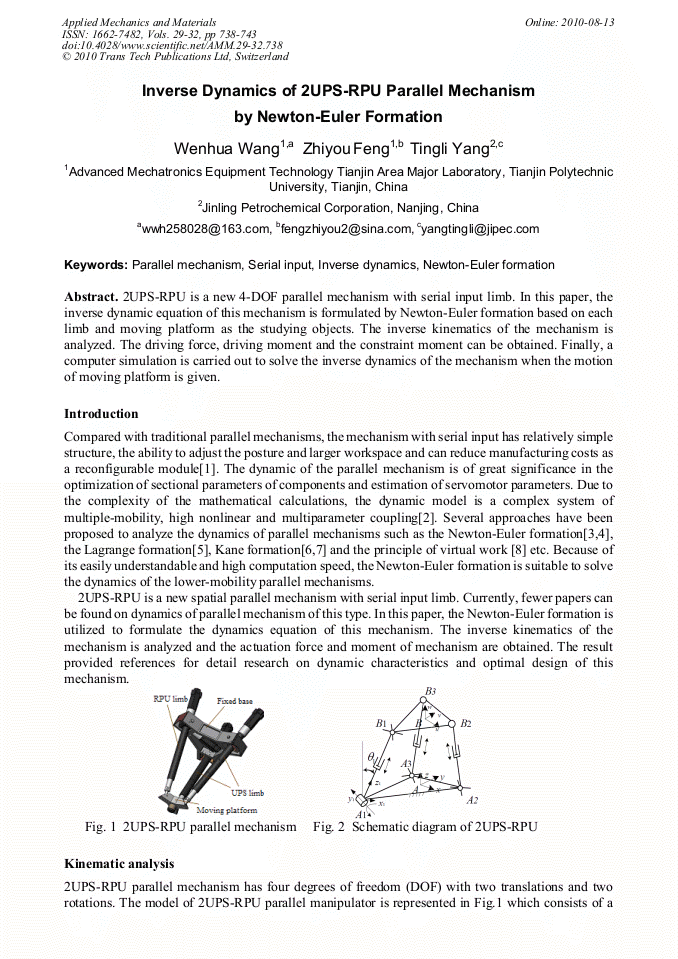 Inverse Dynamics of 2UPS-RPU Parallel Mechanism by Newton-Euler ...