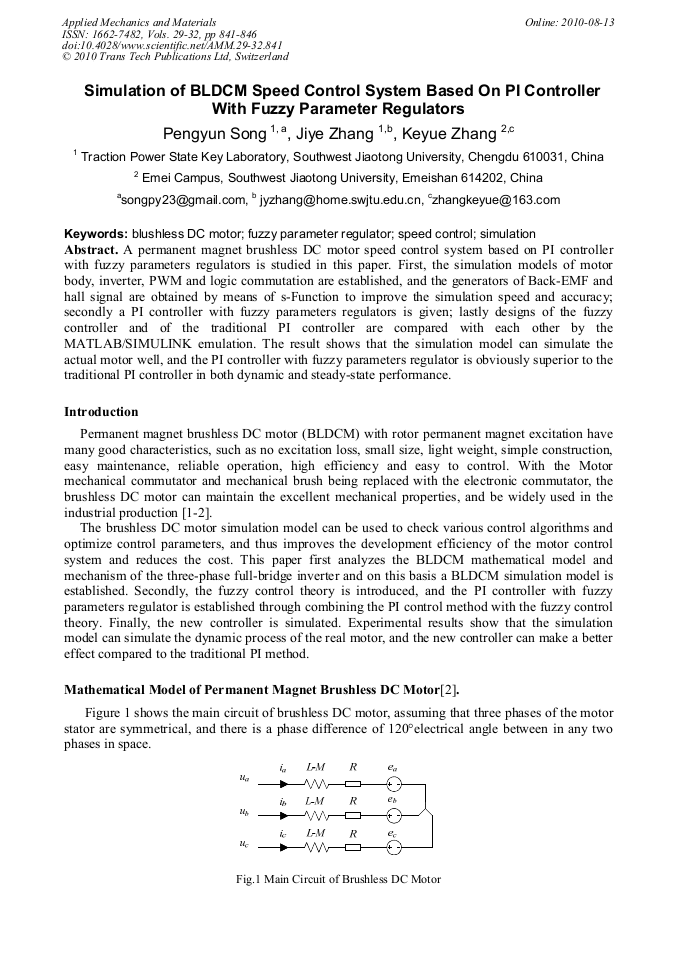 Simulation of BLDCM Speed Control System Based on PI Controller with Fuzzy Parameter Regulators ...
