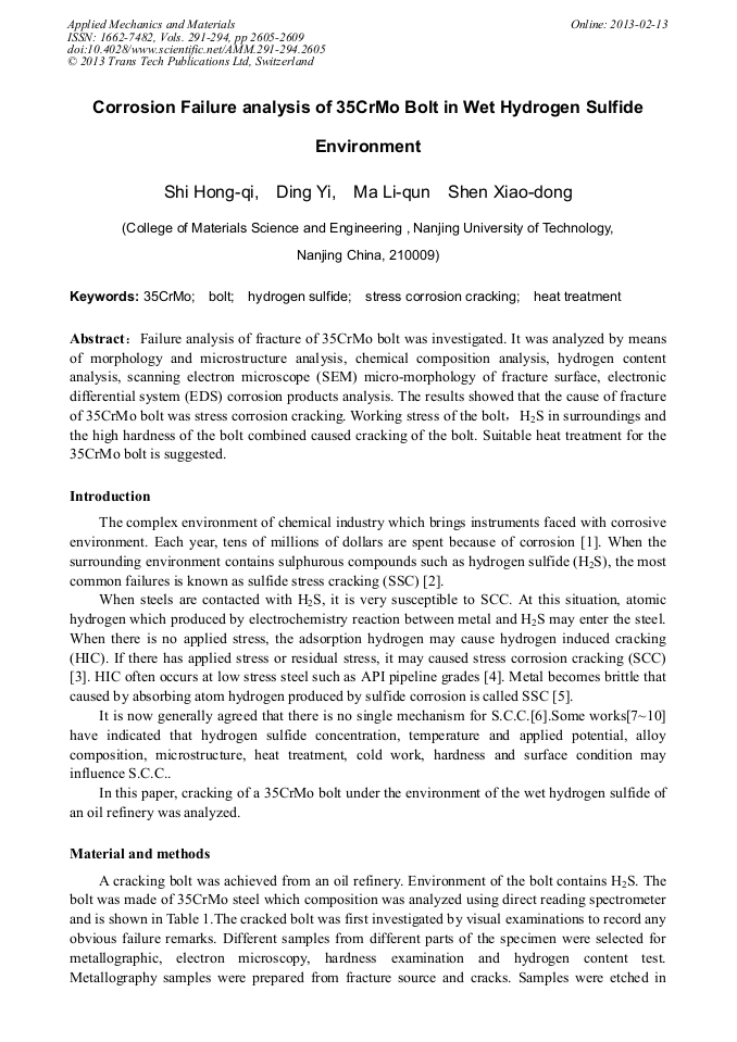 Corrosion Failure Analysis of 35CrMo Bolt in Wet Hydrogen Sulfide ...