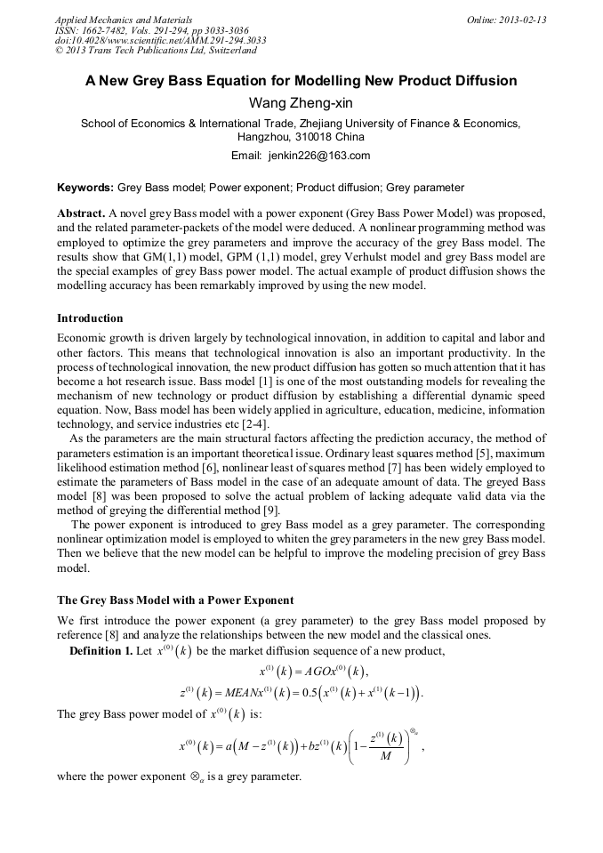 A New Grey Bass Equation for Modelling New Product Diffusion ...