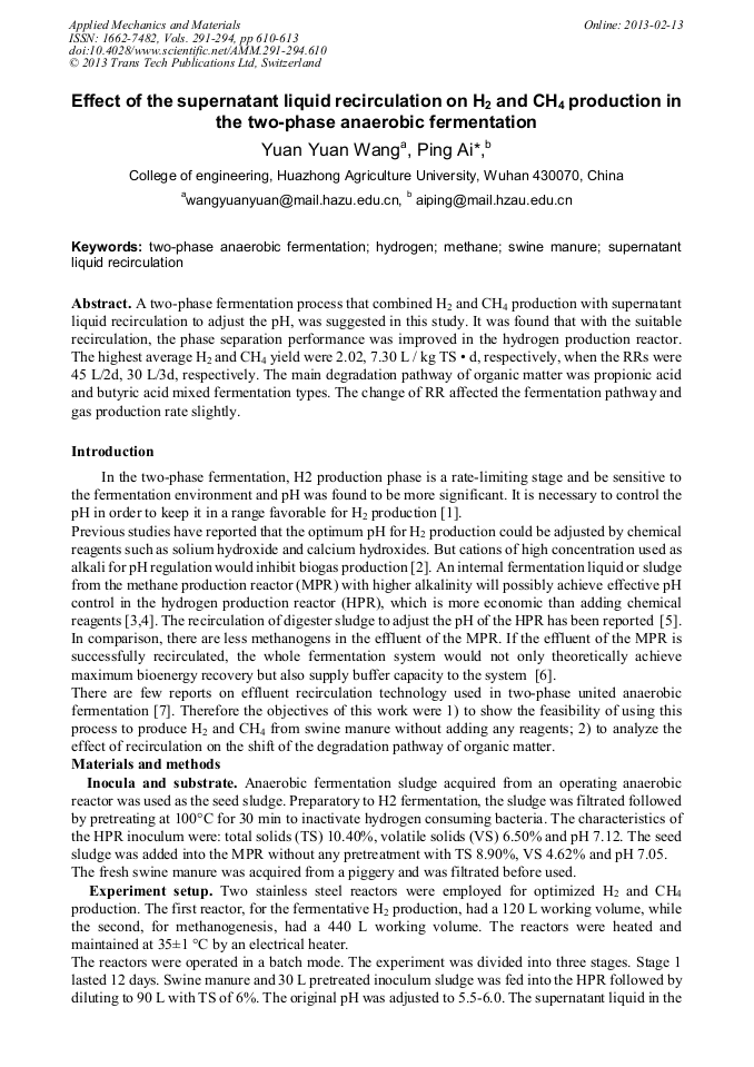 Effect of the Supernatant Liquid Recirculation on H2 and CH4 Production ...