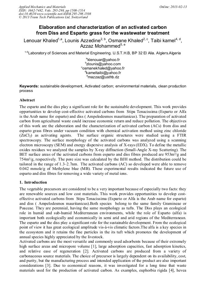 Elaboration and Characterization of an Activated Carbon from Diss and ...