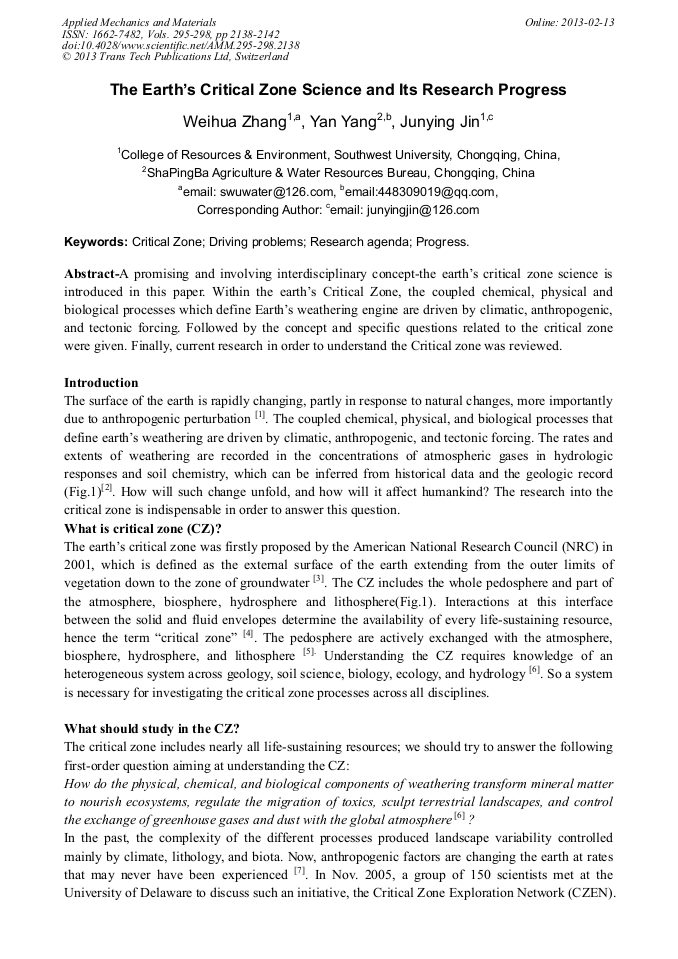The Earth’s Critical Zone Science and its Research Progress ...