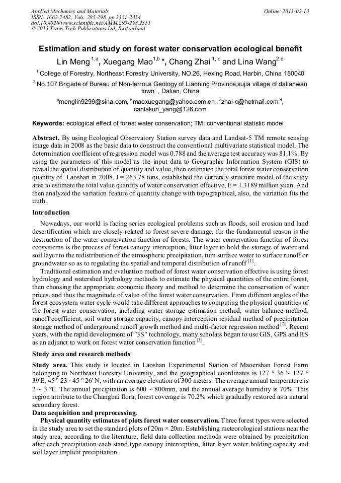 Estimation and Study on Forest Water Conservation Ecological Benefit ...