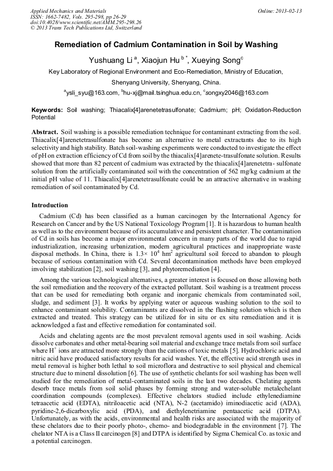 Remediation of Cadmium Contamination in Soil by Washing | Scientific.Net