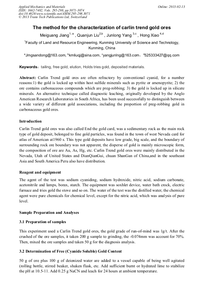 The Method for the Characterization of Carlin Trend Gold Ores ...