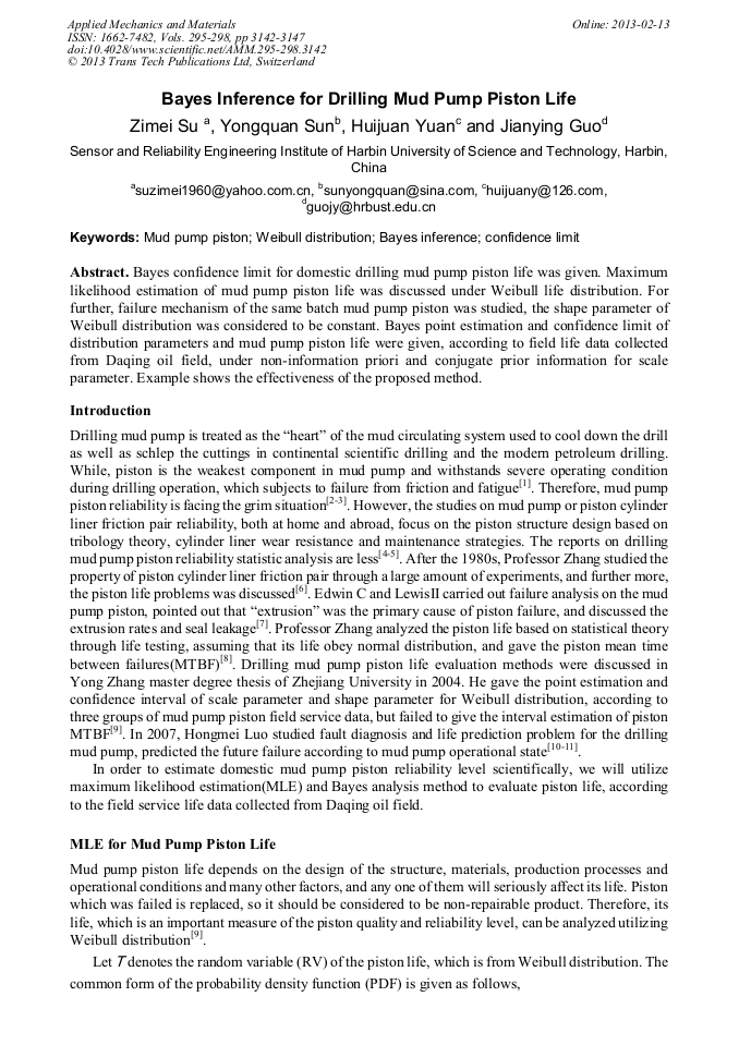 Bayes Inference for Drilling Mud Pump Piston Life | Scientific.Net