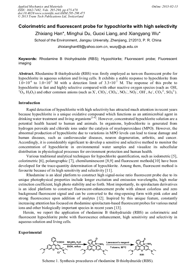 Colorimetric and Fluorescent Probe for Hypochlorite with High ...
