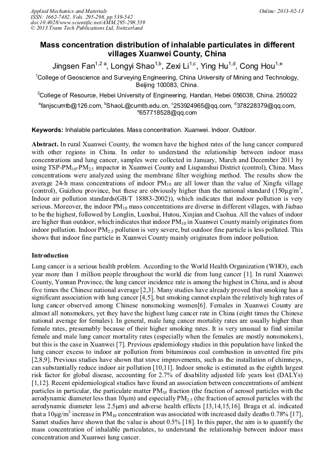 Mass Concentration Distribution of Inhalable Particulates in Different ...