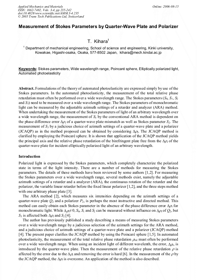 Measurement of Stokes Parameters by Quarter-Wave Plate and Polarizer ...