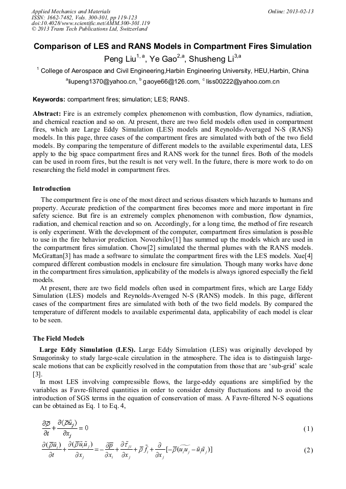 Comparison of LES and RANS Models in Compartment Fires Simulation ...