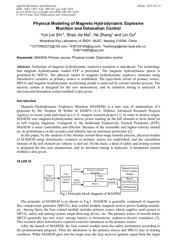 Physical Modeling of Magneto Hydrodynamic Explosive Munition and ...