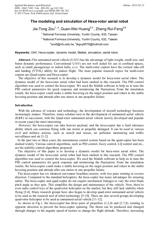 The Modeling and Simulation of Hexa-Rotor Aerial Robot | Scientific.Net