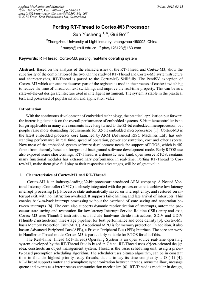 Porting RT-Thread to Cortex-M3 Processor | Scientific.Net