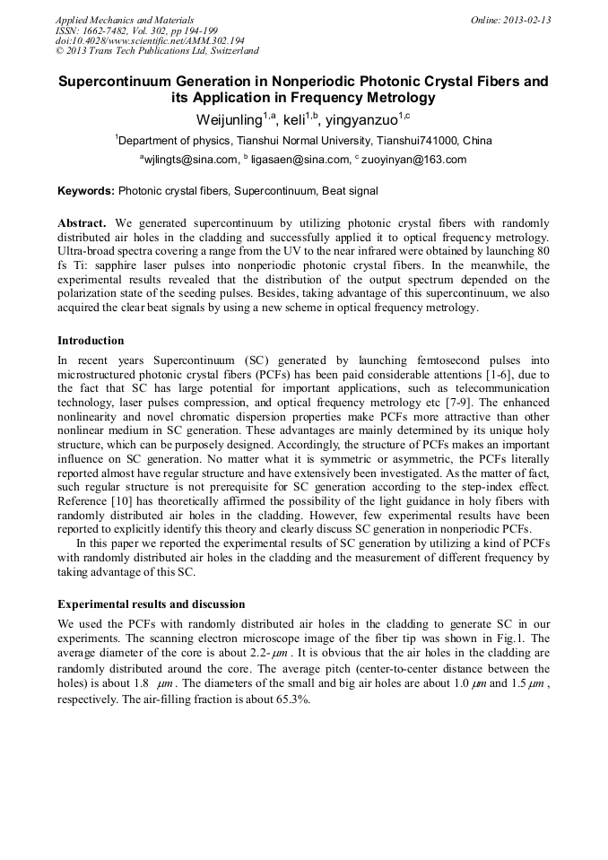 Supercontinuum Generation in Nonperiodic Photonic Crystal Fibers and ...