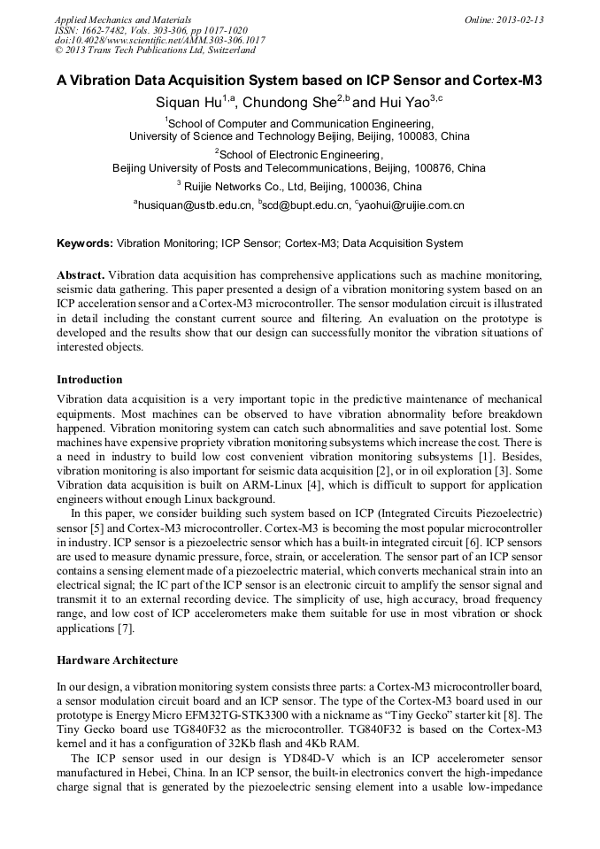 A Vibration Data Acquisition System Based on ICP Sensor and Cortex-M3 ...