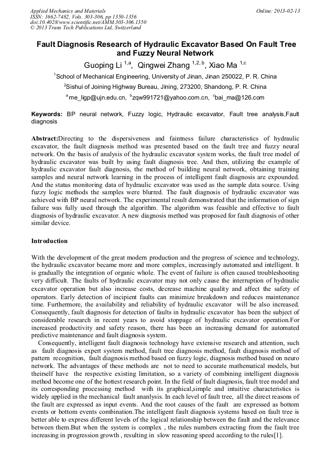 Fault Diagnosis Research of Hydraulic Excavator Based on Fault Tree and ...