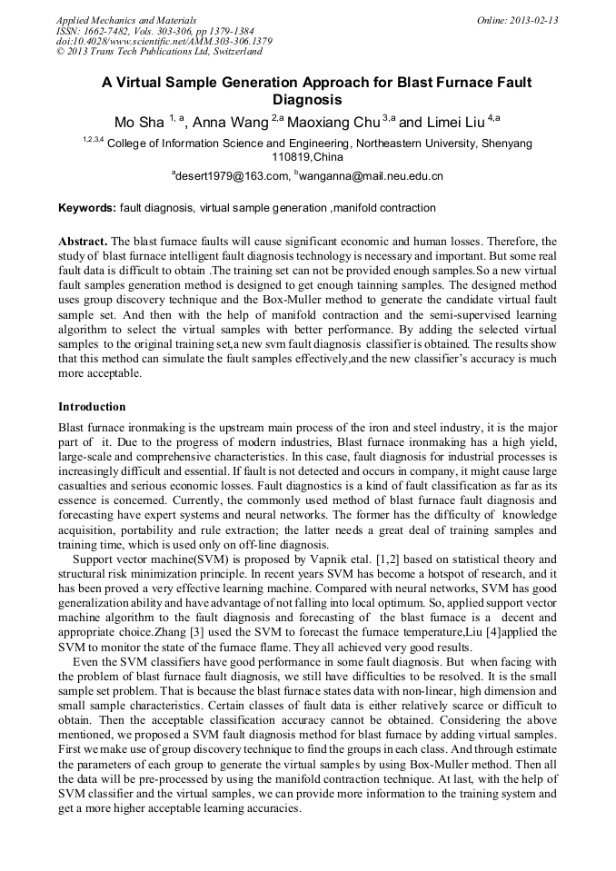A Virtual Sample Generation Approach for Blast Furnace Fault Diagnosis ...