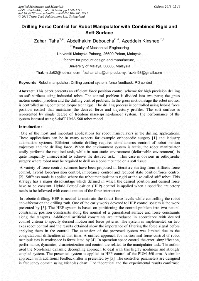 Drilling Force Control for Robot Manipulator with Combined Rigid and ...