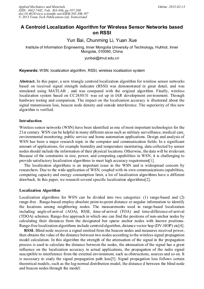 A Centroid Localization Algorithm For Wireless Sensor Networks Based On Rssi Scientificnet