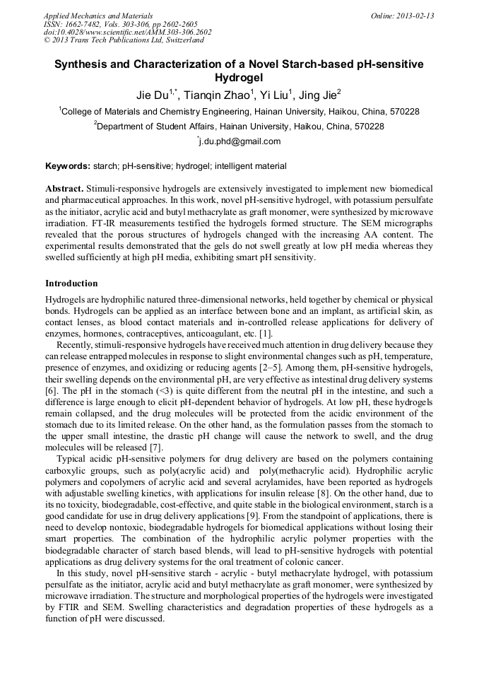 Synthesis and Characterization of a Novel Starch-Based pH-Sensitive Hydrogel | Scientific.Net