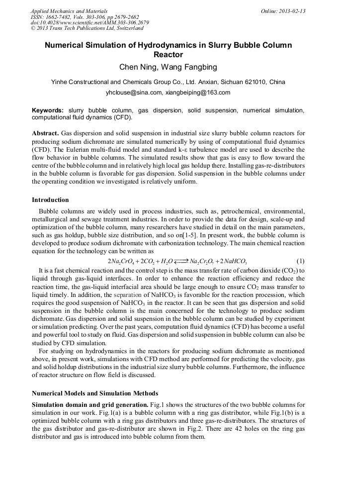 Numerical Simulation of Hydrodynamics in Slurry Bubble Column Reactor | Scientific.Net