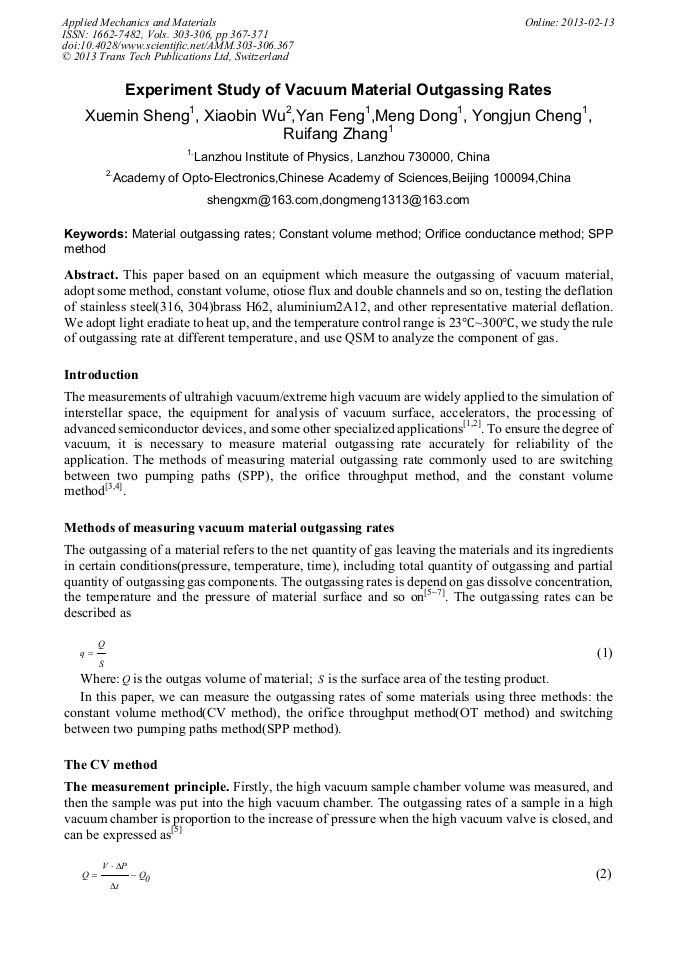 Experiment Study of Vacuum Material Outgassing Rates | Scientific.Net