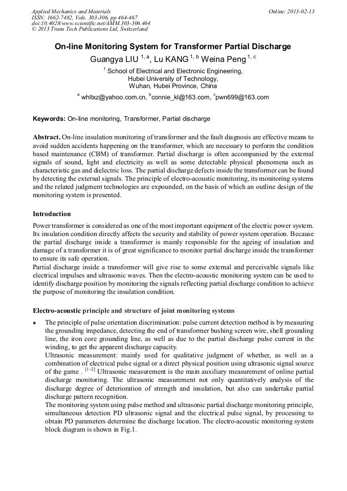On-Line Monitoring System for Transformer Partial Discharge ...