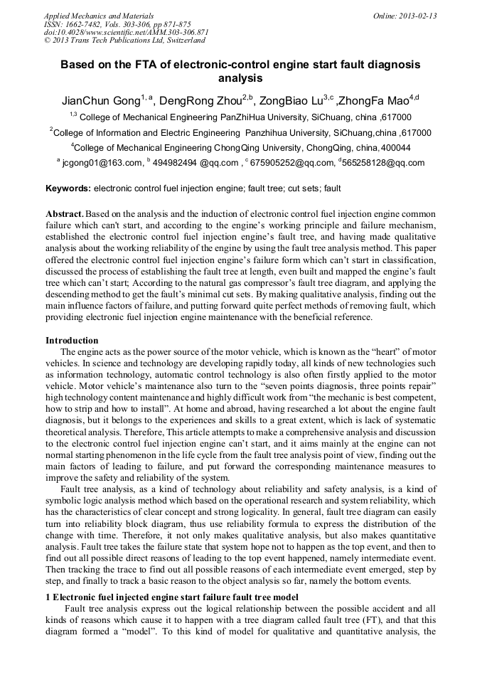 Based on the FTA of Electronic-Control Engine Start Fault Diagnosis ...
