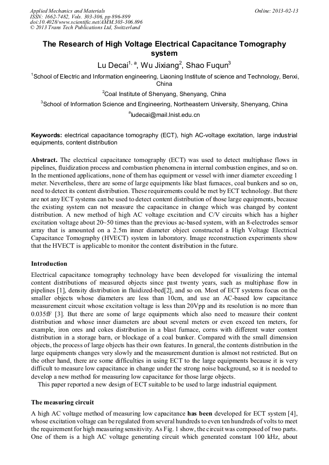 The Research of High Voltage Electrical Capacitance Tomography System ...