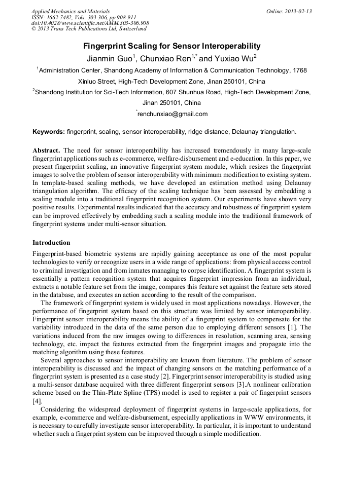 Fingerprint Scaling for Sensor Interoperability | Scientific.Net