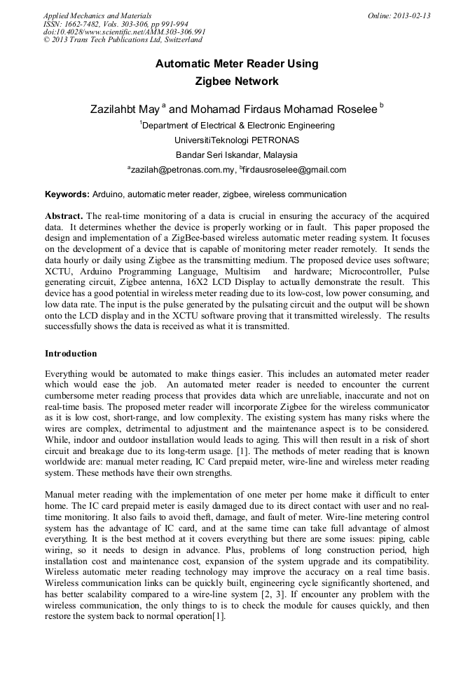 Automatic Meter Reader Using Zigbee | Scientific.Net