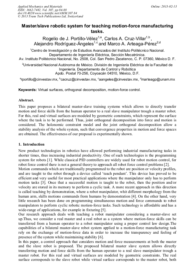 Master/Slave Robotic System for Teaching Motion-Force Manufacturing ...