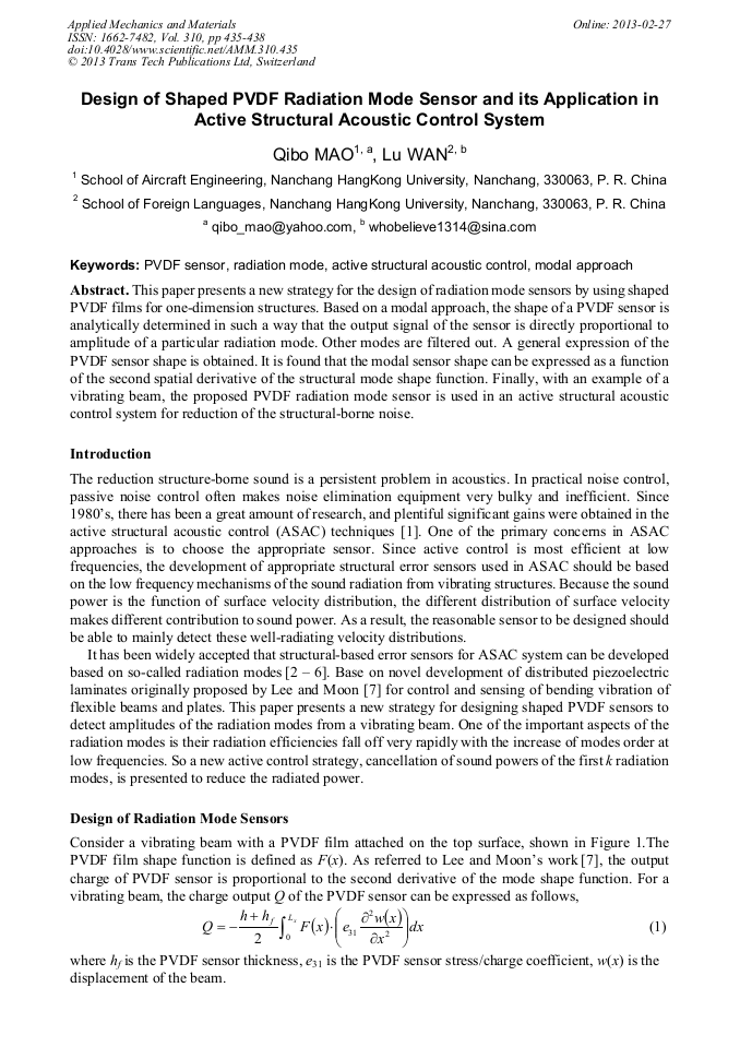 Design of Shaped PVDF Radiation Mode Sensor and its Application in ...