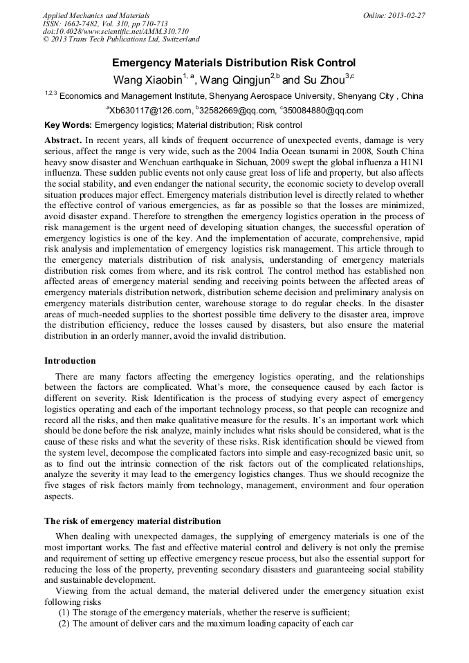 Emergency Materials Distribution Risk Control | Scientific.Net