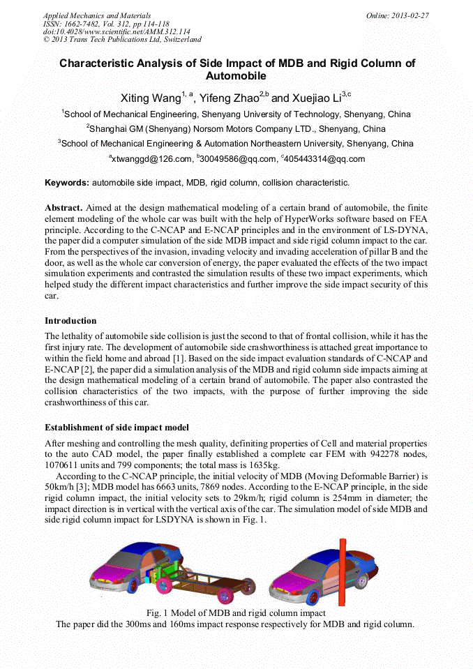 Characteristic Analysis of Side Impact of MDB and Rigid Column of ...