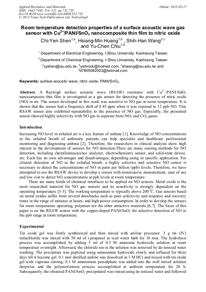 Room Temperature Detection Properties of a Surface Acoustic Wave Gas ...