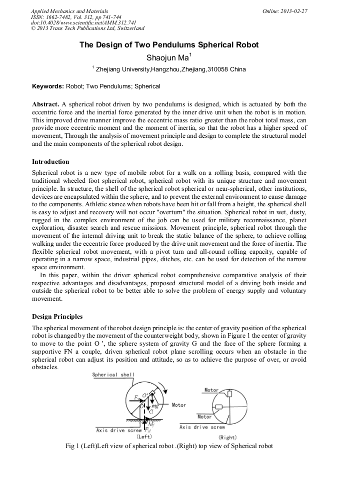 The Design of Two Pendulums Spherical Robot | Scientific.Net