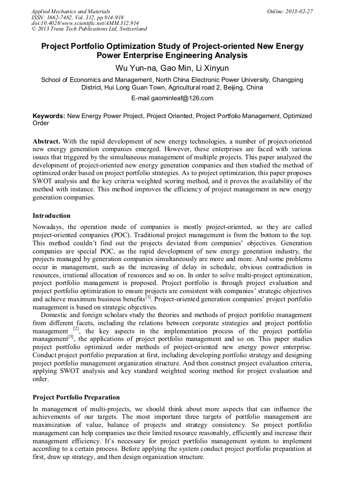 Project Portfolio Optimization Study of Project-Oriented New Energy ...