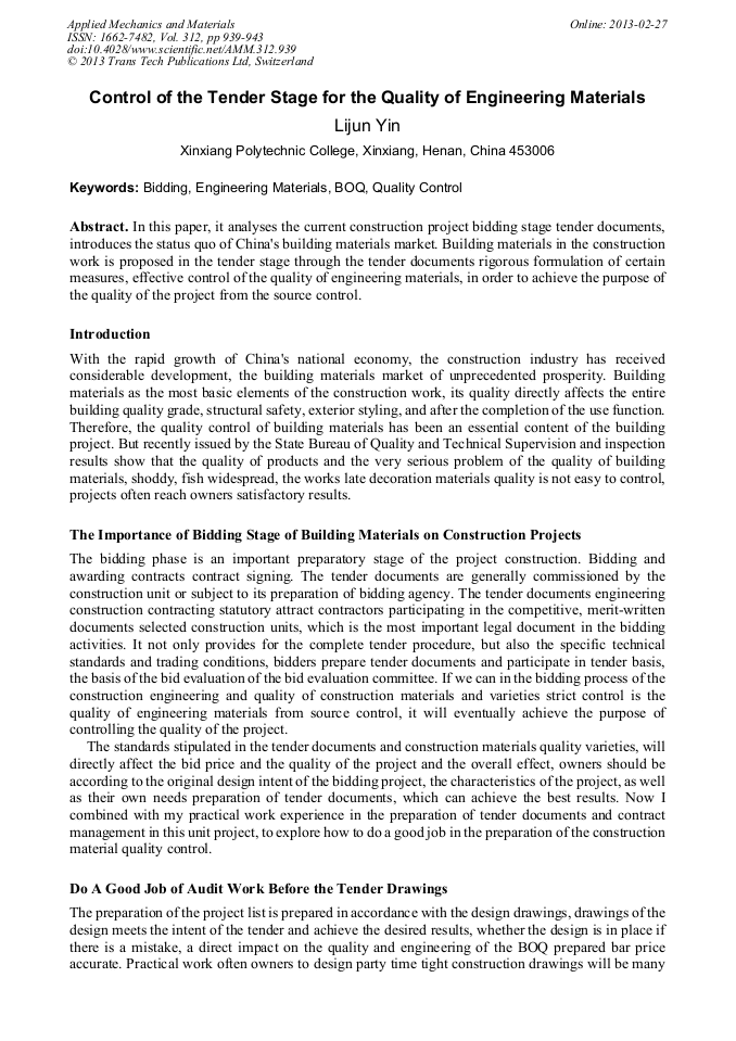 Control of the Tender Stage for the Quality of Engineering Materials ...