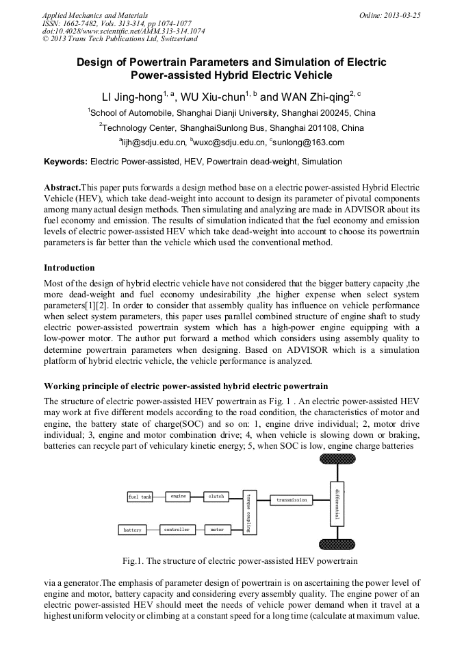 Design of Powertrain Parameters and Simulation of Electric Power ...