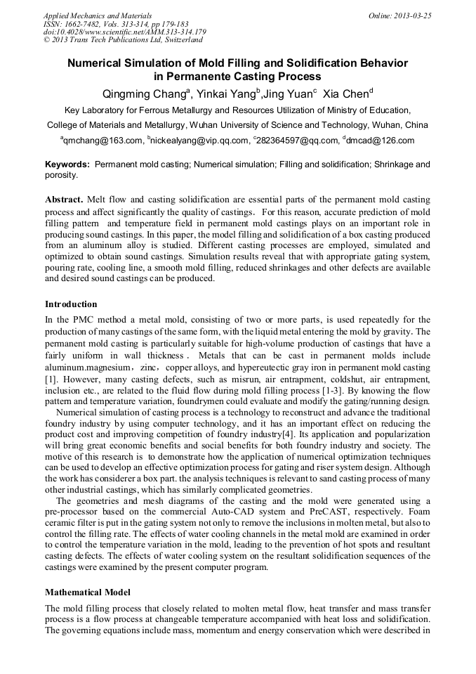 Numerical Simulation of Mold Filling and Solidification Behavior in ...