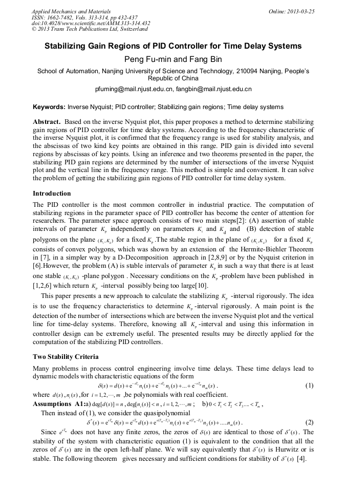 Stabilizing Gain Regions of PID Controller for Time Delay Systems | Scientific.Net