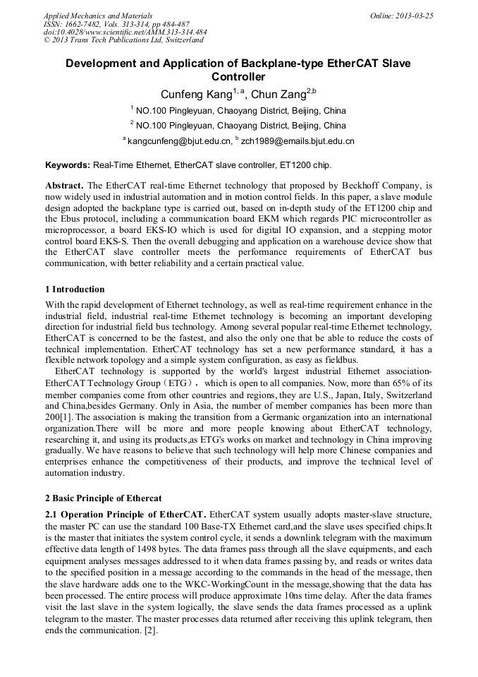 Development And Application Of Backplane Type Ethercat Slave Controller Scientificnet